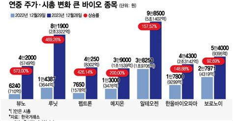 작년 투자 주식 어느새 6배↑바이오株 상승률 대장은