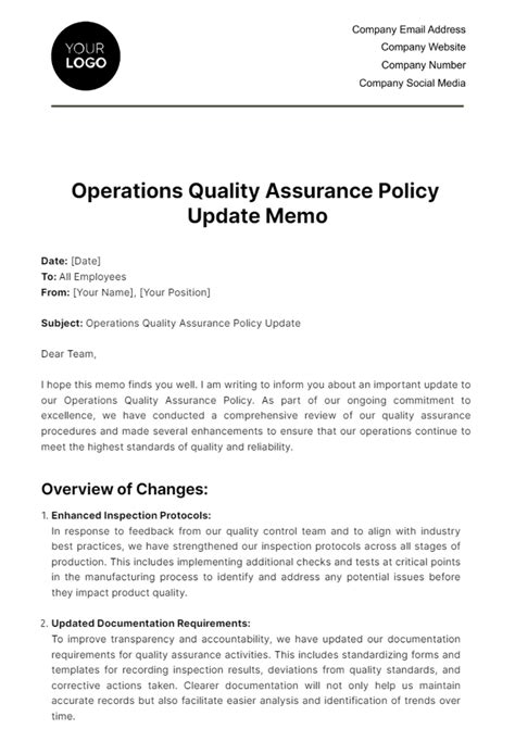 Free Operations Quality Assurance Policy Update Memo Template To Edit Online