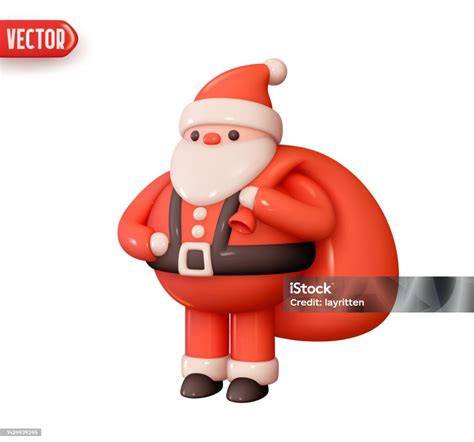 크리스마스 가방 선물과 산타 클로스 축제 귀여운 캐릭터 현실적인 3d 디자인 요소 플라스틱 만화 스타일에서 흰색 배경에 고립 된