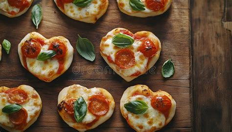 Heart Shaped Mini Pizzas Over Wooden Background With Copy Space Mini