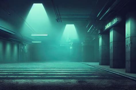 네온 사이버펑크 스타일의 현대적인 빈 미래형 방 현실적인 영화 조명 사이버 건물 방의 템플릿 레이아웃 네온 조명 3d 그림 아래 콘크리트 기둥이 있는 방 프리미엄 사진