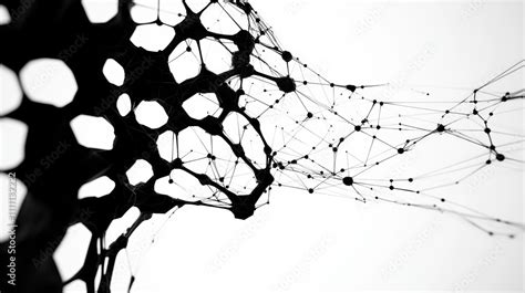 Abstract black and white image of interconnected nodes and lines, resembling a network or neural ...