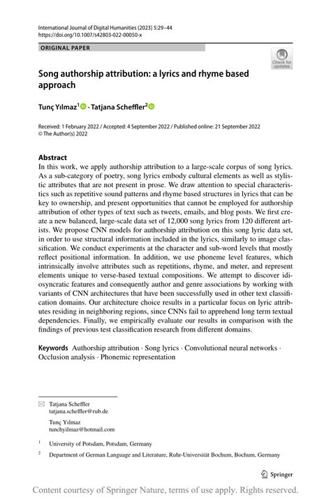 Pdf Song Authorship Attribution A Lyrics And Rhyme Based Approach