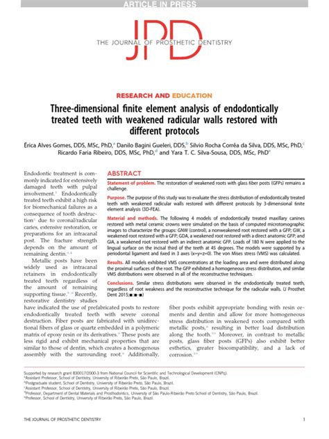 Three Dimensional Finite Element Analysis Of Endodontically Pdf