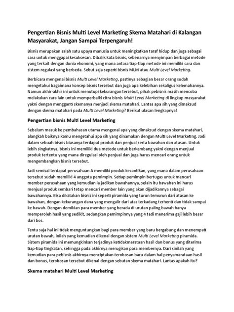 Pengertian Bisnis Multi Level Marketing Skema Matahari Di Kalangan Masyarakat Pdf Karier