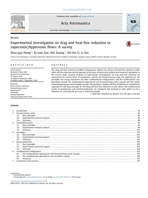 Pdf Experimental Investigation On Drag And Heat Flux Reduction In Supersonichypersonic Flows