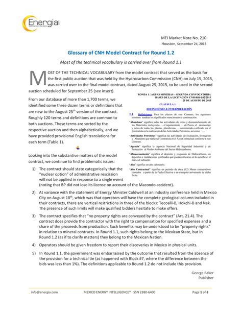 Market Note 210 Glossary Of Cnh Model Contract For Round 1 2