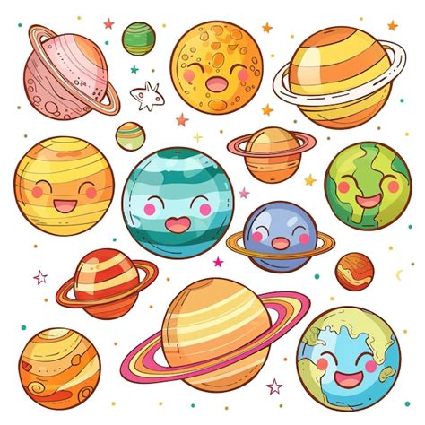 Aventura Cósmica Lindo Feliz Estilo Kawaii Planetas Coloridos Vector