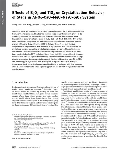 pdf effects of b2o3 and tio2 on crystallization behavior of slags in