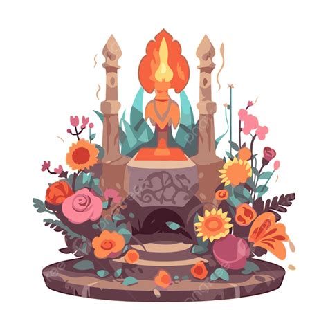 제단 꽃 벡터 불타는 달마로 둘러싸인 꽃과 신사가 있는 종교적인 테마 만화 상표 Png 일러스트 및 벡터 에 대한 무료 다운로드 Pngtree