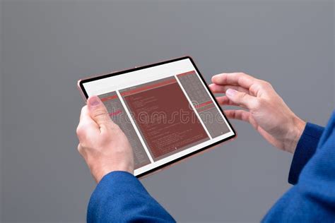 Hands Of Caucasian Male Programmer Using Tablet With Coding On Screen