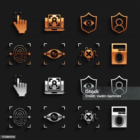 눈 스캔 사용자 보호 잠금 장치가 있는 지문 거부 음성 인식 방패 눈 및 노트북 얼굴 아이콘을 설정합니다 벡터 건강관리와 의술에