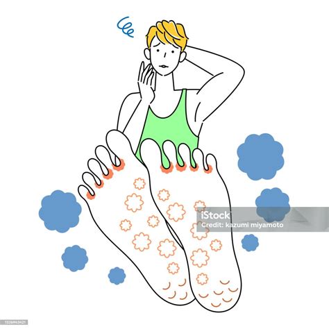 스킨 케어에 의해 발바닥의 물 버그 업 일러스트가된 것을 슬프게 하는 스킨 케어 귀여운 남자 그의 발이 운동 선수의 발을 가지고