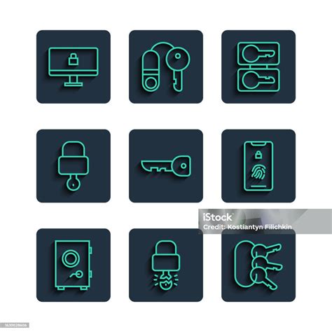 라인 안전 설정 자물쇠 내부 열쇠 파손 묶음 키 캐스팅 잠금 및 지문 스캔 아이콘이있는 컴퓨터 모니터 및 모바일 벡터 그림자에 대한 스톡 벡터 아트 및 기타 이미지 Istock