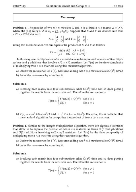 Tutorial 11 Divide And Conquer Ii Solutions Warm Up Problem 1 The Product Of Two N × N
