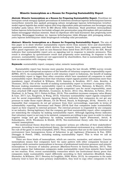 Pdf Mimetic Isomorphism As A Reason For Preparing Sustainability Report