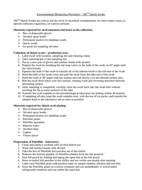Environmental Monitoring Procedure 3m Quick Swabs Pdf