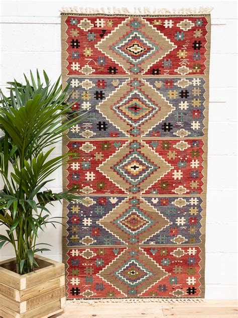 Vintage Turkish Esme Kilim Rug 99x194cm With Soft Blues And Reds