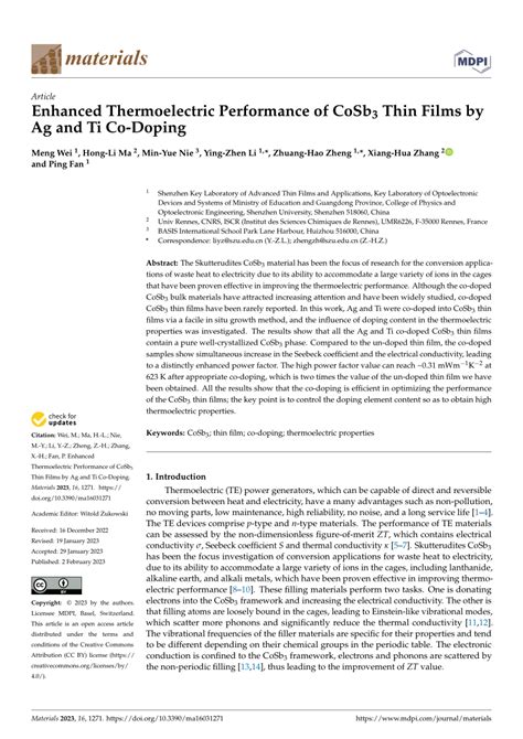 Pdf Enhanced Thermoelectric Performance Of Cosb3 Thin Films By Ag And Ti Co Doping