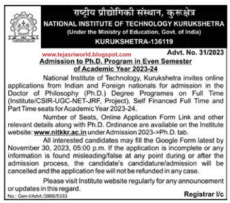 Nit Kurukshetra Admission For Phd Program