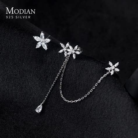 Modian 패션 925 스털링 실버 달콤한 로맨틱 꽃 술 긴 체인 클립 귀걸이 고급 보석 피어싱 귀 없음 모디안 여성용클립