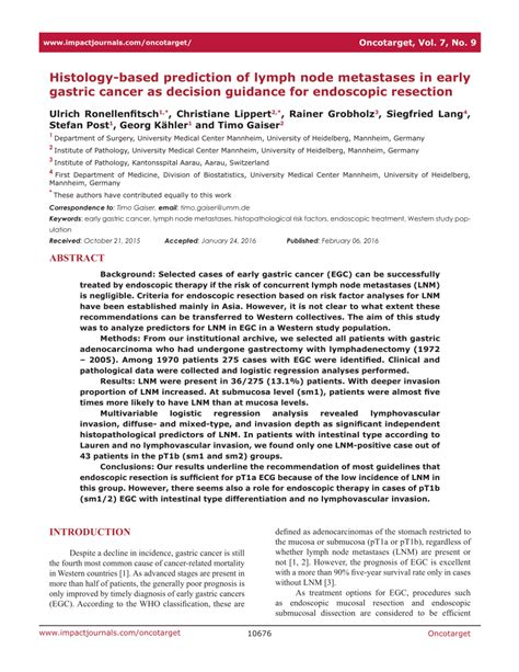 Pdf Histology Based Prediction Of Lymph Node Metastases In Early Gastric Cancer As Decision