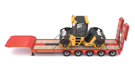 3d Lowboy Trailer With Volvo Dd105 Road Roller Compactor Turbosquid