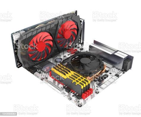 마더보드는 Ram과 비디오 카드 Solated 그림자 없이 흰색 배경에 3d 렌더링에 완료 Cpu에 대한 스톡 사진 및 기타 이미지 Cpu Fashion Show