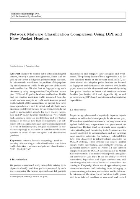 Pdf Network Malware Classification Comparison Using Dpi And Flow
