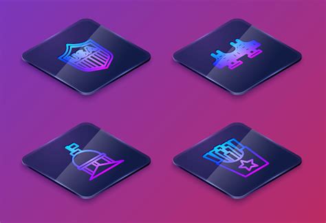 별 백악관 골든 게이트 브리지 감자 감자 감자 감자 와 함께 Isometric 라인 방패를 상자에 설정합니다 파란색 정사각형 버튼 벡터 3차원 형태에 대한 스톡 벡터 아트