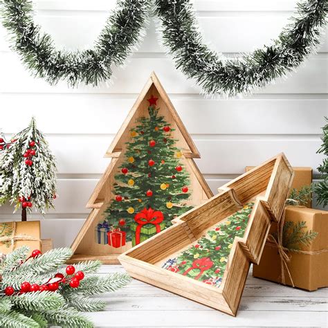 Uiifan 2 Pcs Christmas Tree Wooden Trays Rustic Serving