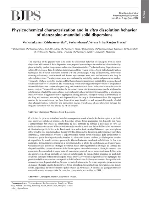 Pdf Physicochemical Characterization And In Vitro Dissolution Behavior Of Olanzapine Mannitol