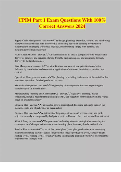 Cpim Part 1 Exam Questions With 100 Correct Answers 2024 Cpim
