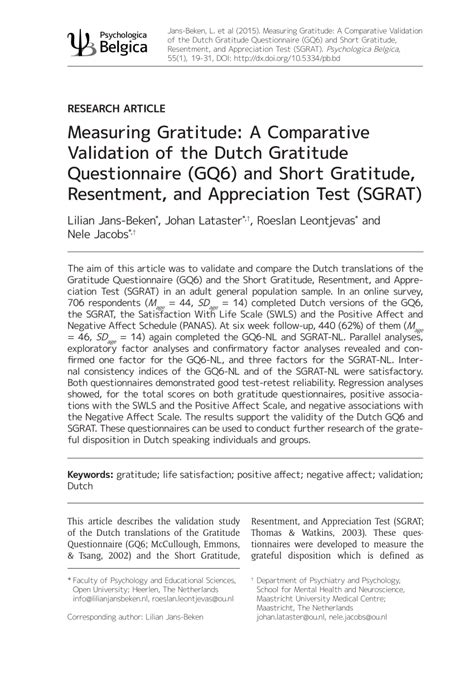 Pdf Measuring Gratitude A Comparative Validation Of The Dutch Gratitude Questionnaire Gq6
