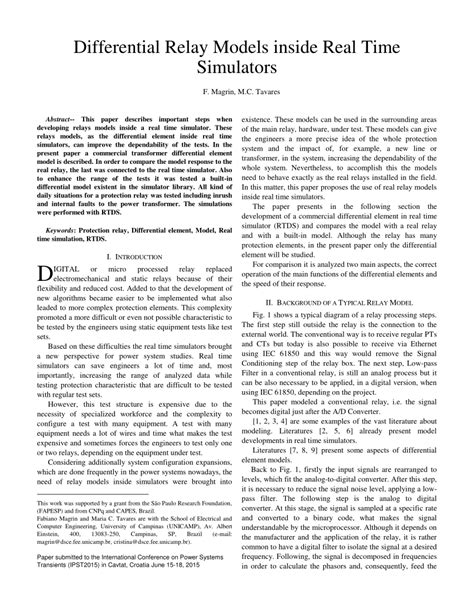 Pdf Differential Relay Models Inside Real Time Simulators
