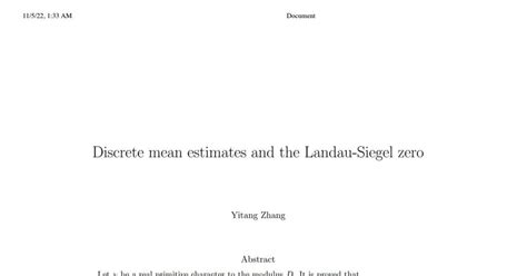 yitang zhang discrete mean estimates and the landau siegel zero r math