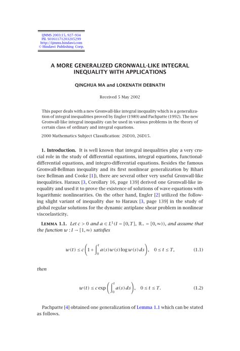 Pdf A More Generalized Gronwall Like Integral Inequality Wit Applications