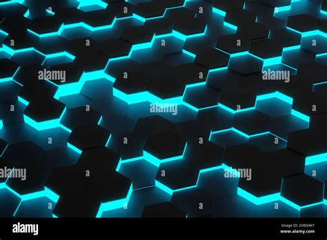 Random Shifted Black Honeycomb Hexagon Geometrical Pattern Background With Blue Glow Minimal