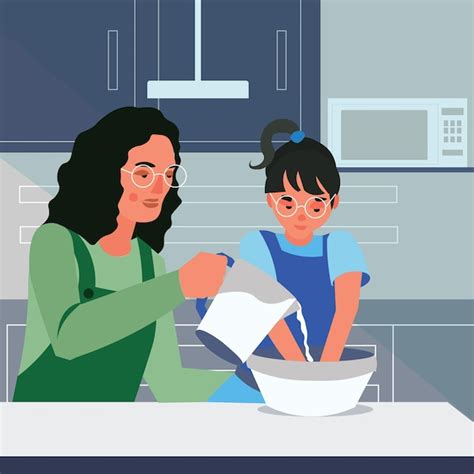 Premium Vector Mother Guides Her Daughter Into The Kitchen