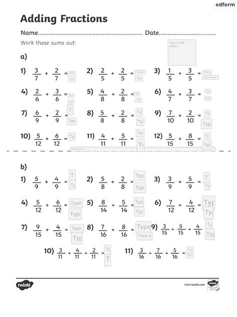 Print Year 3 Adding Fractions Worksheets Edform Pdf