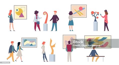 전시회 방문객 미술 패션 추상회화를 찾고 박물관이나 갤러리에서 사진을 찍는 젊은 관광객 벡터 일러스트레이션 미술관에 대한 스톡 벡터 아트 및 기타 이미지 Istock