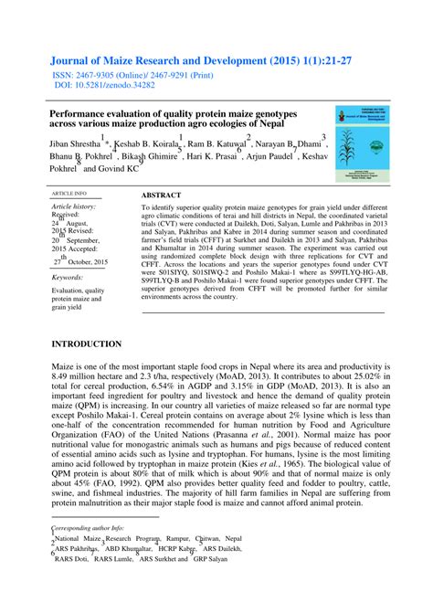 Pdf Performance Evaluation Of Quality Protein Maize Genotypes Across Various Maize Production