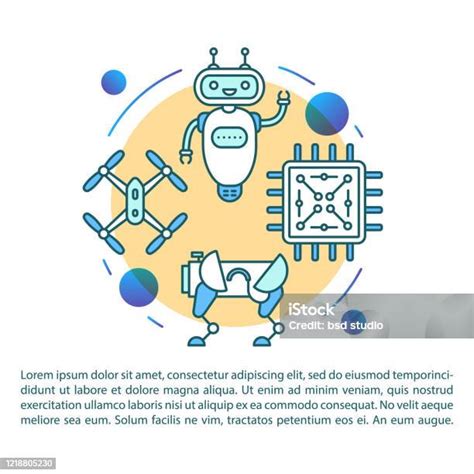 로봇 기술 기사 페이지 벡터 템플릿입니다 기계 공학 및 사이버 네틱스 브로셔 잡지 선형 아이콘소책자 디자인 요소 인쇄 디자인 텍스트가 있는 개념 그림 0명에 대한 스톡 벡터