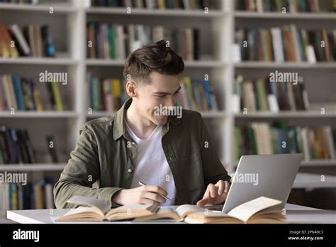 Student Prepare Assignment Learn Theory Studying In Library Using