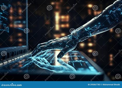Robotic Hands Proficiently Code On A Monitor Highlighting Advanced Automation Technology Stock