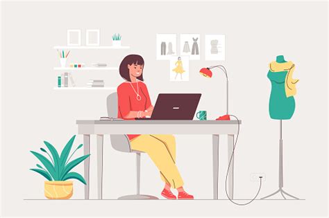 벡터 일러스트 패션 디자이너 디자이너는 패션 컬렉션을 만듭니다 소녀 패션 디자이너는 직장에서 스케치를 그립니다 패션 디자이너에 대한 스톡 벡터 아트 및 기타 이미지 Istock