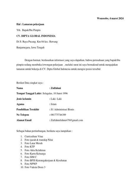 Lamaran Pekerjaan Zulfahmi Pdf Kesehatan Holistik