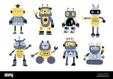 Robot Characters Different Cyborg Assistants Assembled From Elements