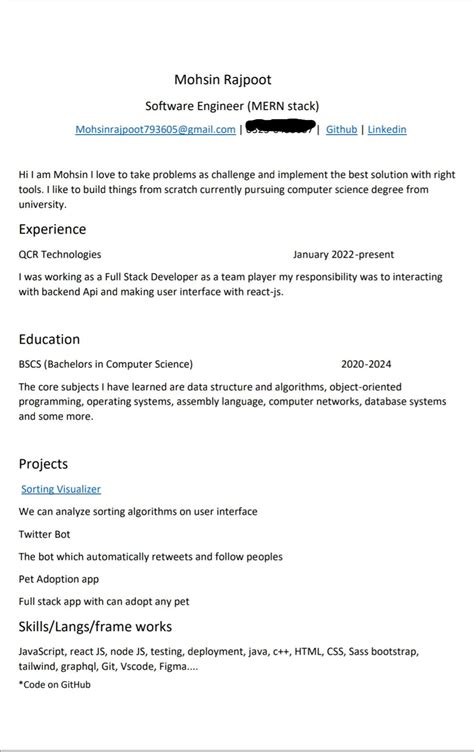 Software Engineermern Stack For Internships Any Suggestions Rresumes