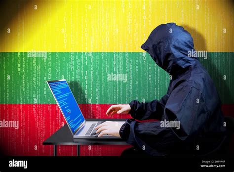 Anonymous Hooded Hacker Flag Of Lithuania Binary Code Cyber Attack